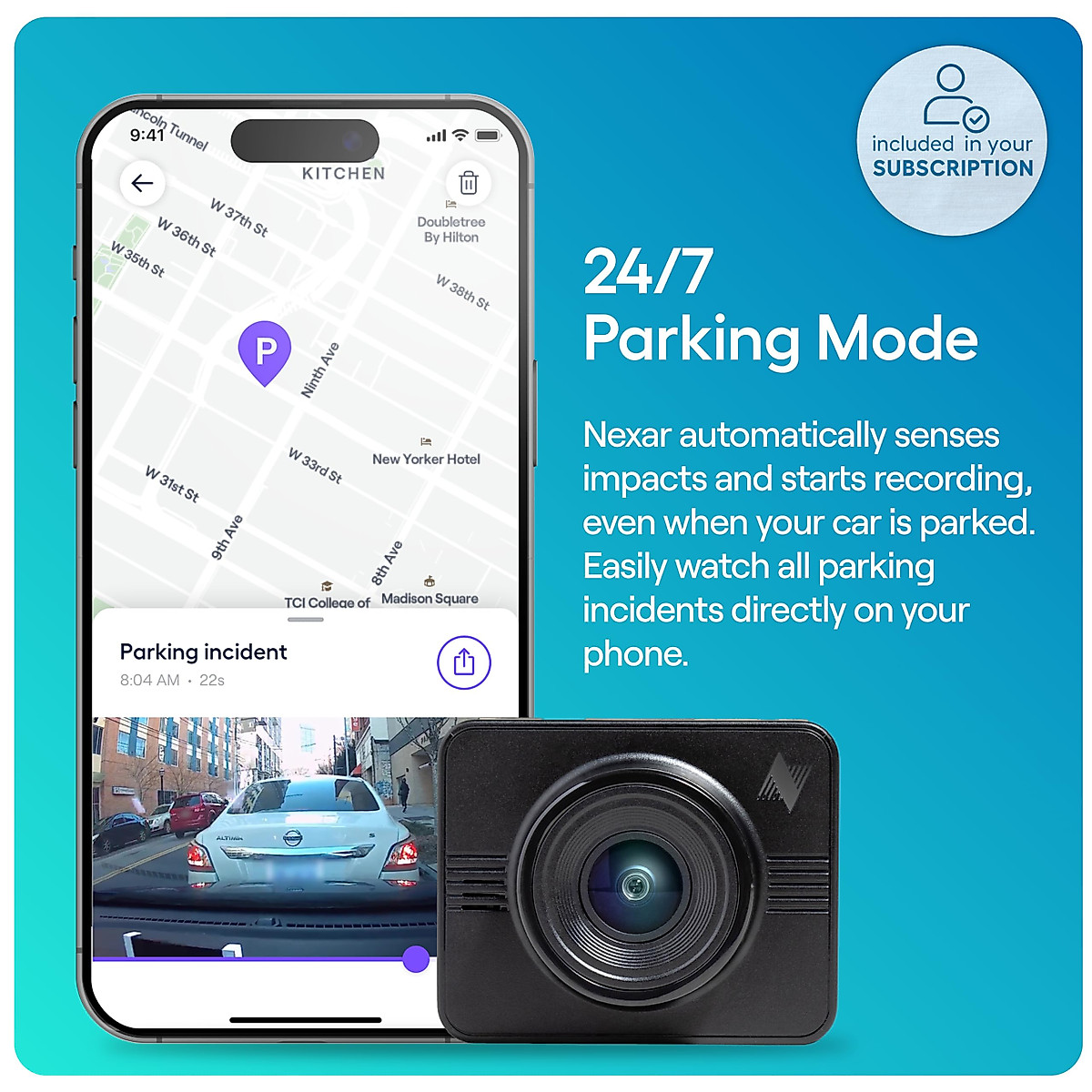 Nexar Beam GPS Dash Cam - 1 Year Nexar App Subscription Included - Unlimited Cloud Storage, Drive Recordings, Parking Mode, Night Vision, All Inside The Nexar App - WiFi HD Front Dash Cam (128 GB SD)