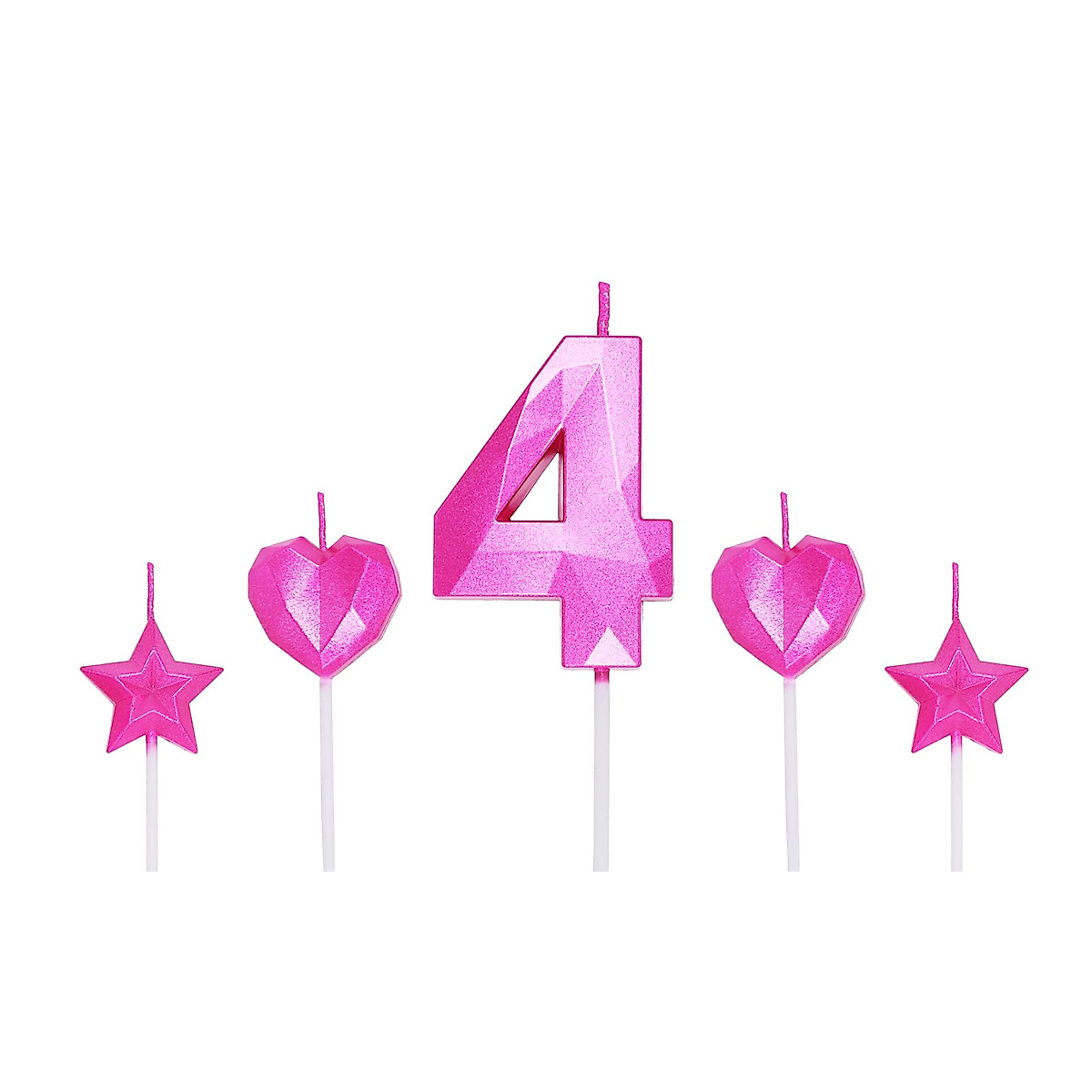 Pink Number 4 Candles and Star Heart Candles 2.76 inch Number Candles for Birthday Cakes 3D Diamond Shaped for Cake Decorations(Pink Candle 4)