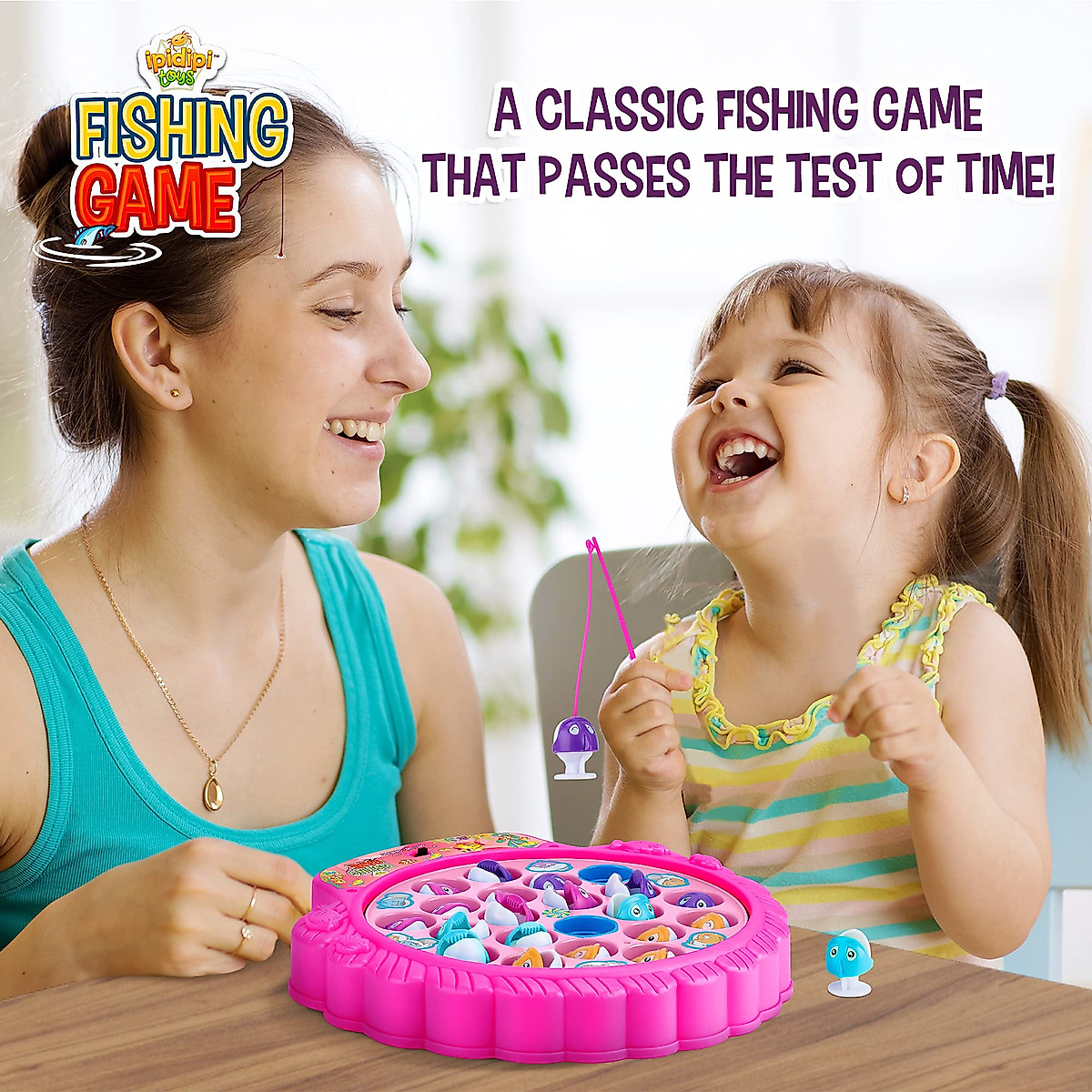 Fishing Game Play Set - 21 Fish, 4 Poles, & Rotating Board w/On-Off Music - Family Children Backyard Pink Toy Games for Kids and Toddlers Age 3 4 5 6 7 Girls and Up