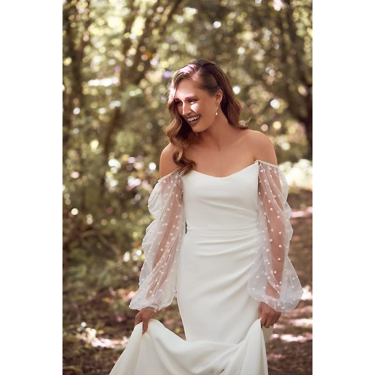 Detachable Sleeves for Wedding Dresses Pearl Tulle Illusion Removable Bridal Accessory (Ivory 04)