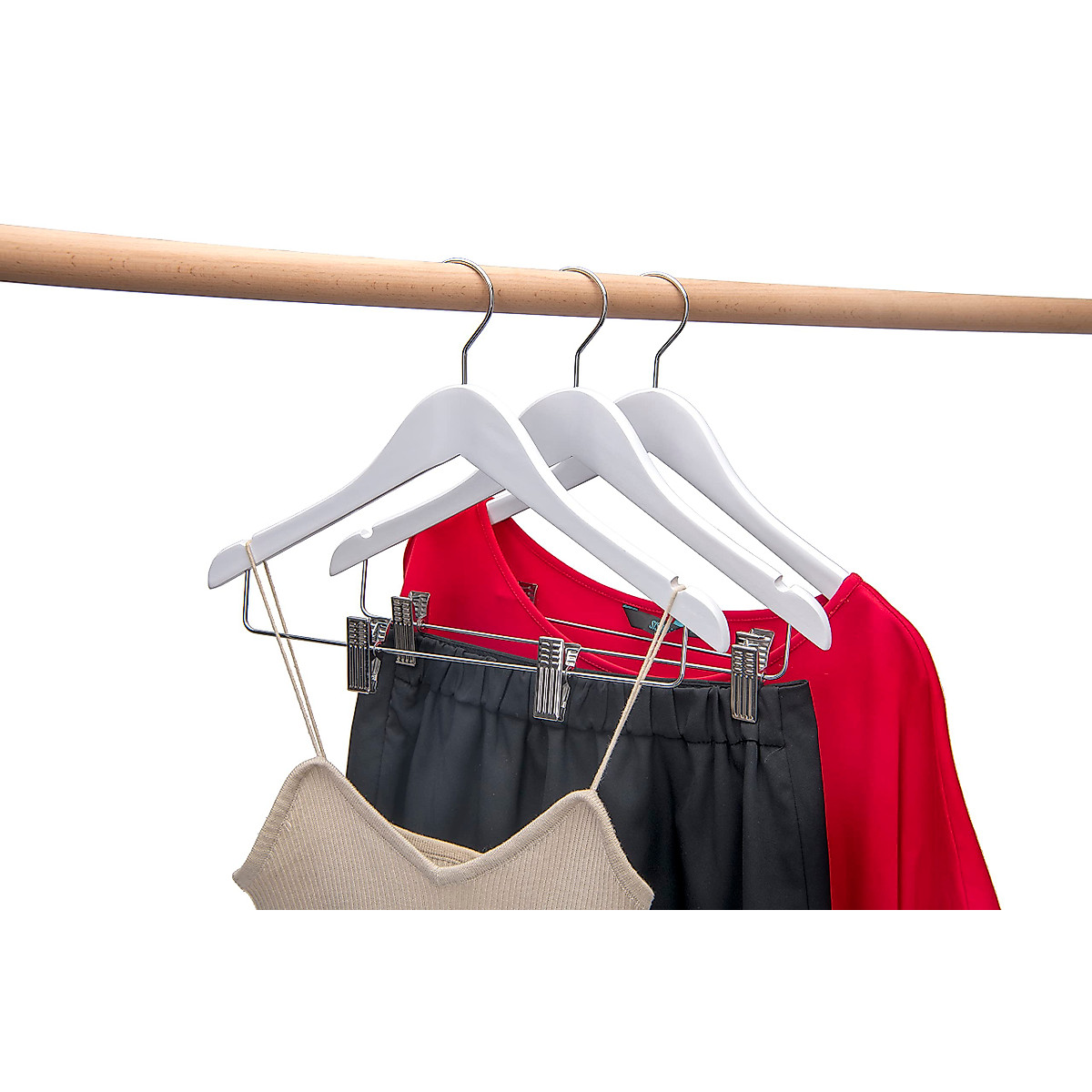 Quality Hangers 20 Pack Kids Skirt Hangers 14 Inches - Junior Preteen Youth Wooden Clothes Hanger with Curved Shoulder Swivel Chrome Hook Adjustable Metallic Clips & Nonslip Notches (White, 20)