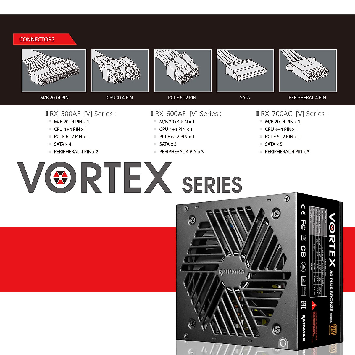 RAIDMAX Vortex 500/600/700/800watts 80+ Certified Standard and Bronze and Gold ATX Power Supply, Continuous Power with 120mm Quiet Fan, ATX 12V V2.3/EPS 12V Active PFC Power Supply (700, Watts)