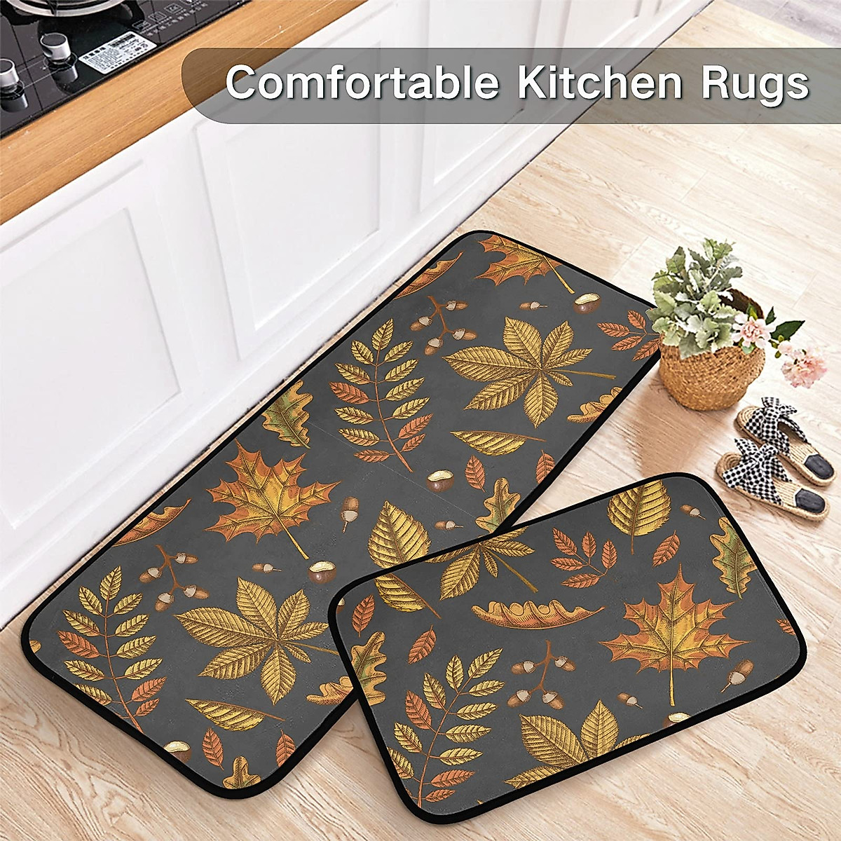 Emelivor Autumn Fall Kitchen Mat Set of 2 Anti-Fatigue Kitchen Rug Set Non Slip Cushioned Heavy Duty Memory Foam Kitchen Rugs and Mats Comfort Mat for Farmhouse Doormat Laundry
