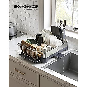 SONGMICS Dish Drying Rack, Stainless Steel Dish Racks for Kitchen Counter, Dish drainers with 360° Rotatable Spout, Removable Drainboard, Fingerprint-Proof, Silver and Gray UKCS030E01