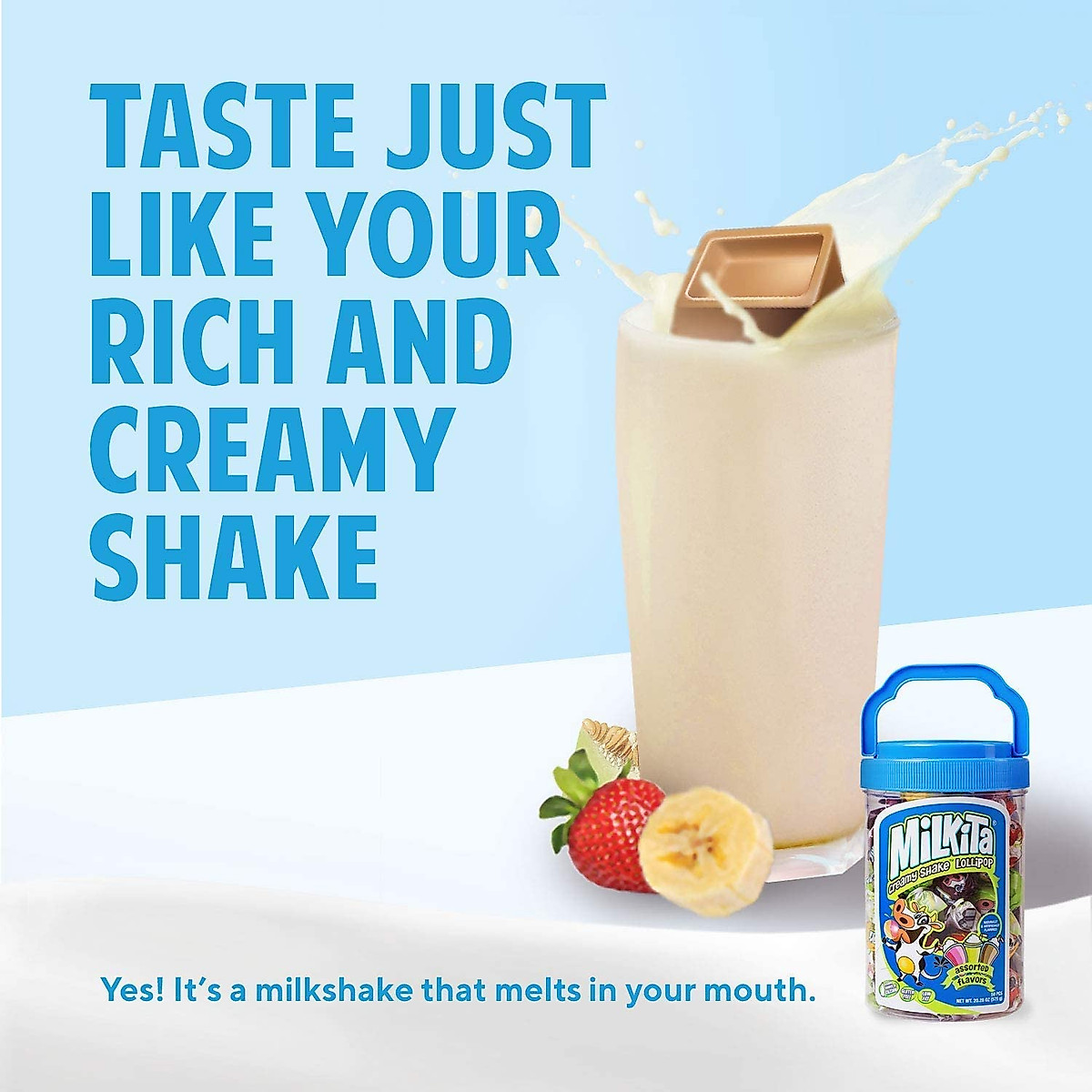 Milkita Creamy Shake Lollipop Jar, Gluten Free Chewy Candies with Calcium & Real Milk, Low-Sugar, Assorted Flavors (Strawberry, Chocolate, Honeydew, Banana), 45 Pcs