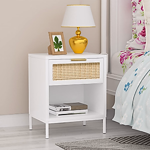 Anmytek White Nightstand with Rattan Decor Drawer, Mid Century Modern End Table with Open Storage, Farmhouse Night Stand, Small Side Table for Bedroom