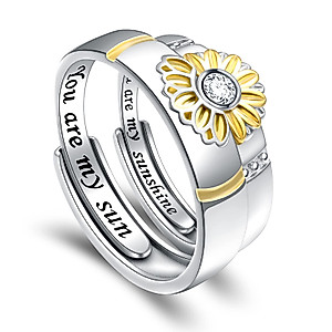 Matching Sunflower Promise Sterling Silver Rings for Couples You Are My Sun Sunshine Engagement Wedding Ring Band Sets for Him and Her