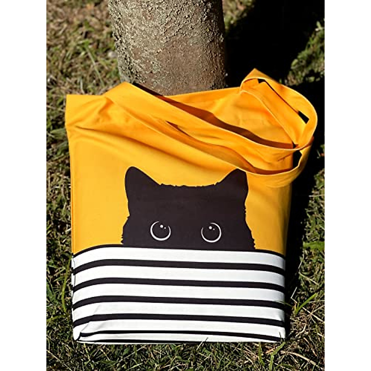 Cute Canvas Tote Bag for Women with Cat Design - Birthday Valentines Day Gift - Aesthetic Book Tote for Teacher School Kids - Hello Kitty Tote Bag - Large Reusable for Shopping Grocery (Yellow Cat)