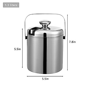 Stainless Steel Ice Buckets with Lid and Tongs Included Strainer Double-Walled Bar Ice Bucket Set for Home Bar and Parties 1.3L