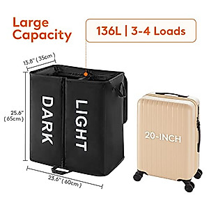 Lifewit 136L Double Laundry Hamper with Lid and Removable Laundry Bags, Large Divided Hamper, Collapsible 2 Section Laundry Basket with Handles for Bedroom, Bathroom, College Dorm, Laundry Room, Black