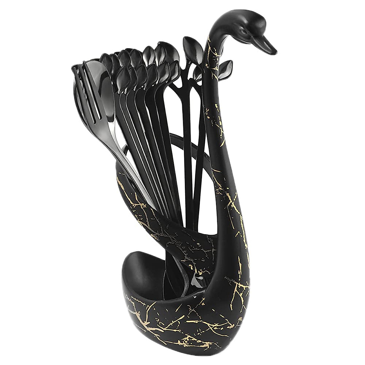 AnSaw Elegant Swan Base Holder Set with 10 pcs Black Leaf 4.7" Stainless Steel Mini Forks for Appetizer, Fruit, Dessert, Cake & Salad