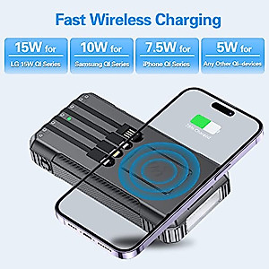 DJKK Solar Power Bank Wireless Charger 33800mAh Built in 4 Cables and LED Camping Lights 22.5W Fast Charging Power Bank 7 Outputs 4 Inputs Portable Charger Compatible with All Mobile Devices