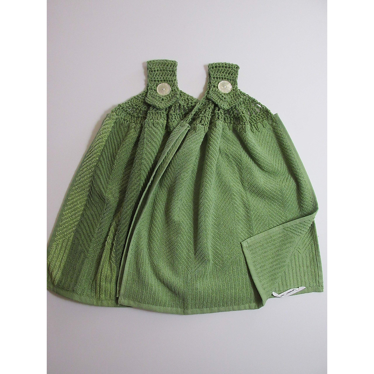 Set of 2 Green Doubled Chevron Design Hanging Kitchen Towels with Green Cotton Crochet Top - Best Quality