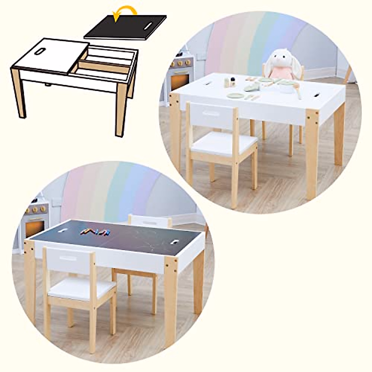 Fantasy Fields 3 Piece Way, White Play 2 Chairs Set with Storage and Convertible Chalkboard Table Top