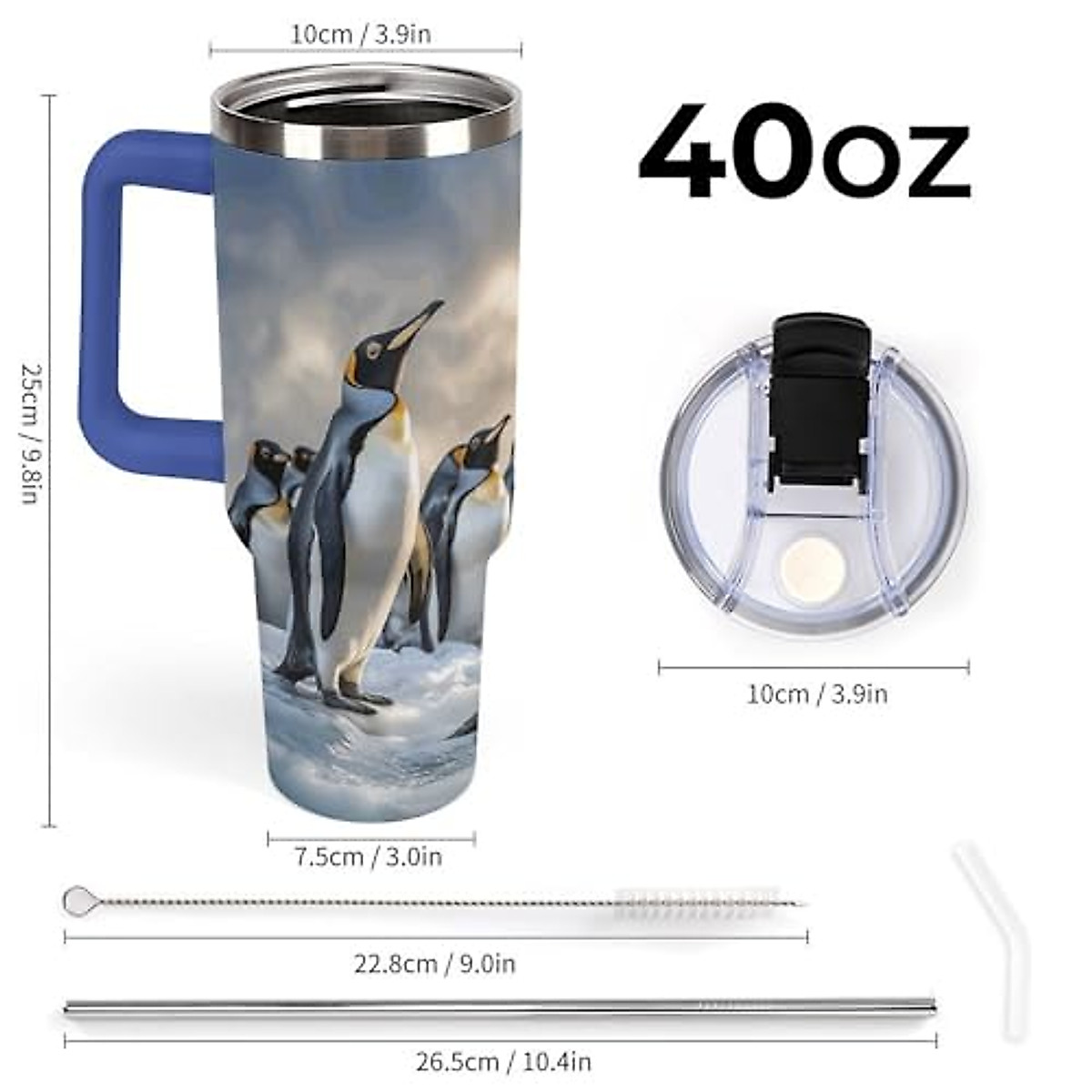LLUTSNTH 40 Oz Vacuum Tumbler with Deep Blue Handle Leakproof Insulated Tumbler Sea Penguin Stainless Steel Travel Mug with Lid And Straw Coffee Cup Cute Water Bottles Cup Holder Friendly