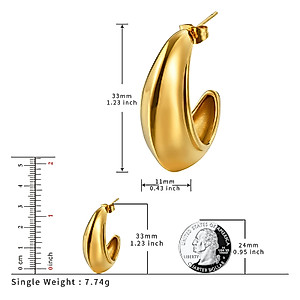 POVIK Chunky Gold Hoop Earrings for Women, 18K Real Gold Plated Open Half Thick Hoop Statement Stainless Steel Earrings