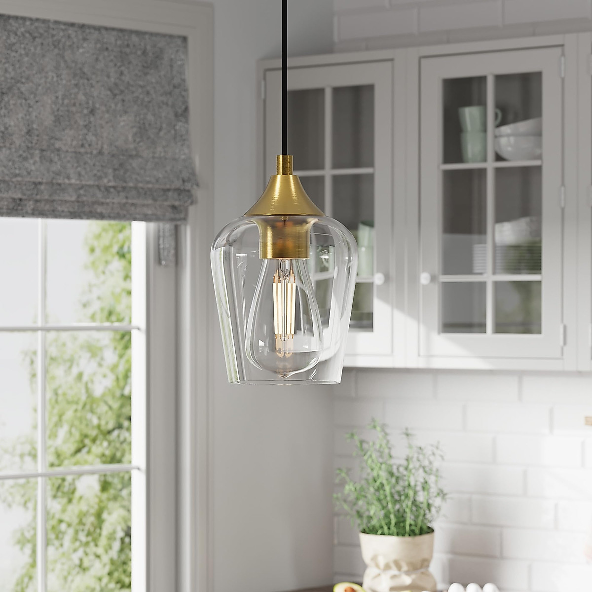 VONLUCE Pendant Light Kitchen Island, Brushed Gold Pendant Light Fixture with E26 Base & Adjustable Cable, Modern Pendant Lighting with Glass Shade for Living Room Bedroom Hallway