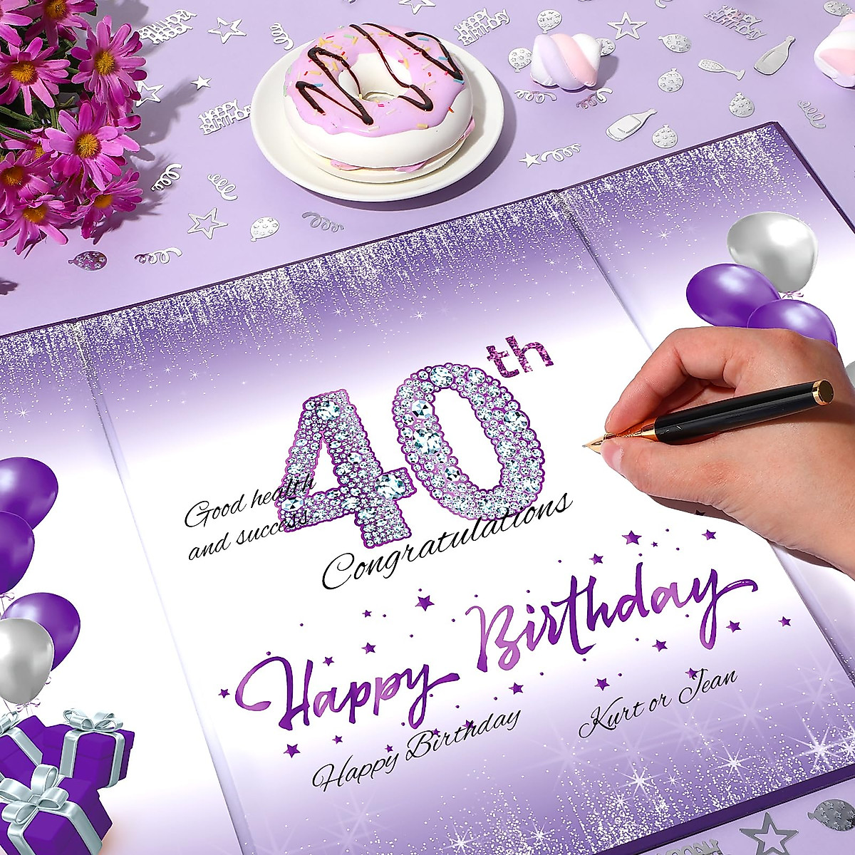 40th Birthday Decorations for Women Purple Silver Happy 40th Birthday Signature Guest Book Alternative for Women Men 40th Birthday Anniversary Party Gifts Supplies Favor Decor Greeting Card Creative