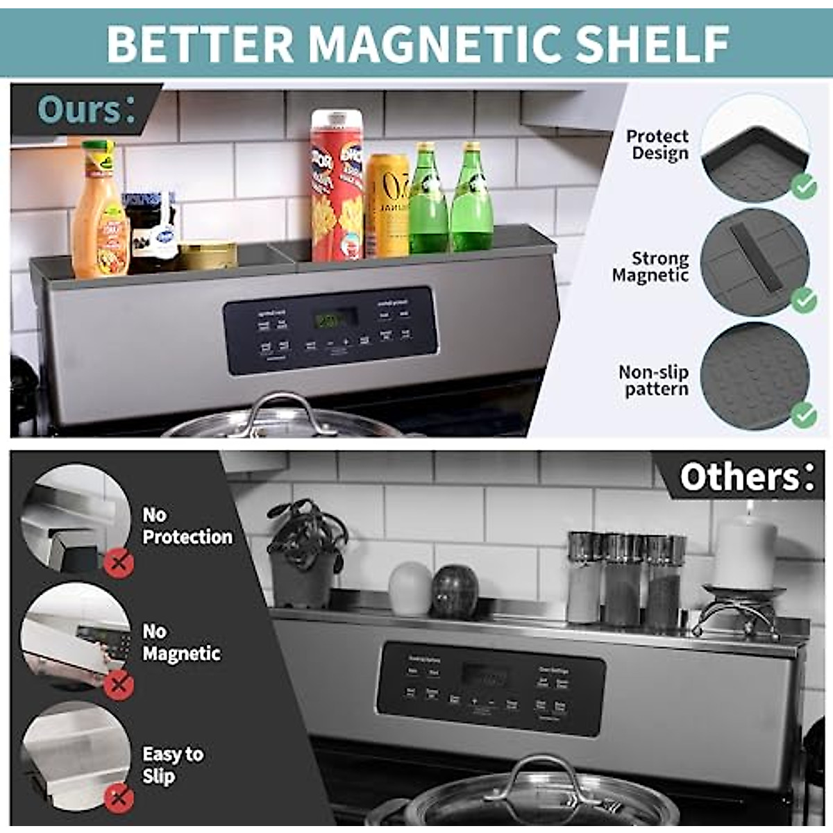 30" Stove Top Spice Rack,Silicone Top Heat Material Magnetic Stove Top Shelf Zero Installation Flexible Spice Organizer Containers Kitchen Shelf Gadgets with 2 Functional Prtitions for Kitchen Storage