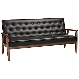 Baxton Studio Sorrento Mid-Century Retro Modern Faux Leather Upholstered Wooden 3-Seater Sofa, Black