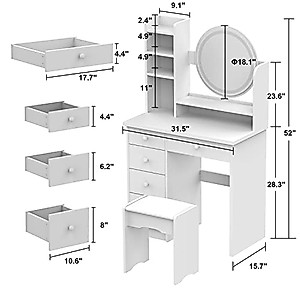 AGOTENI Makeup Vanity Set Dresser Desk with 5 Drawer and Shelf Round Mirror with Touch Screen and Light Vanity Set with Cushioned Stool for Bedroom, White