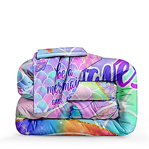 ROWADALO 6 Pieces Mermaid Scale Glitter Comforter Set Fish Scale Shell Starfish Girls Bedding Set,Gradient Rainbow Mermaid Tail Bed in A Bag Queen Size Complete Set for Girls Bedroom,MRY502-Queen