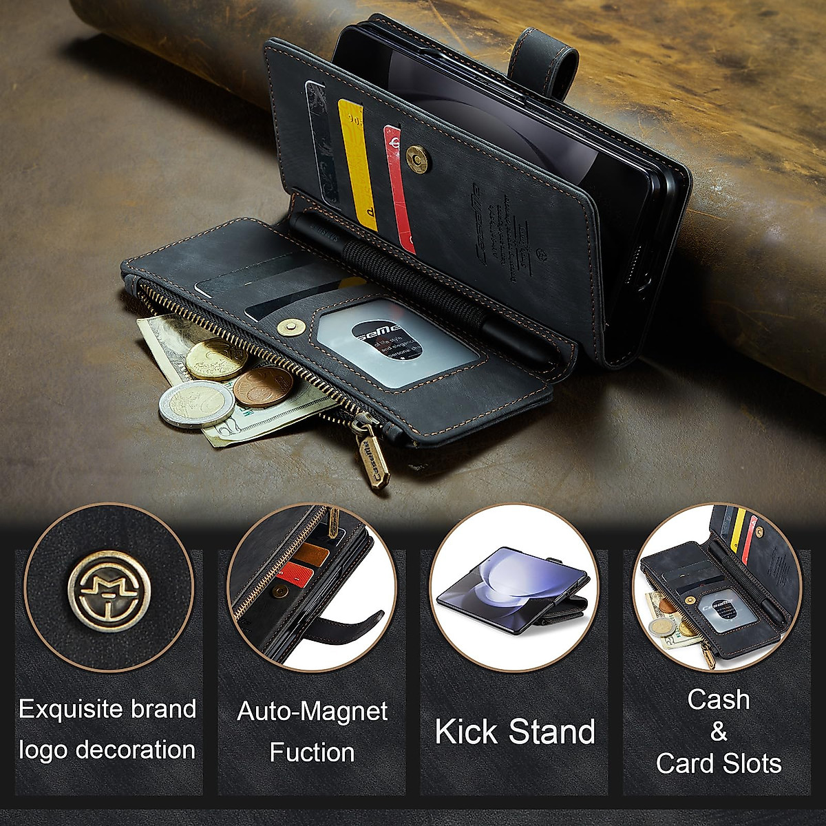 CaseMe Wallet Case for Samsung Galaxy Z Fold 5,Multifunction Fashion Premium PU Leather Zipper Flip case Built-in [S Pen Holder] [Magnetic Closure] [Kickstand] [Card Slots] for Galaxy Z Fold 5 (Black)