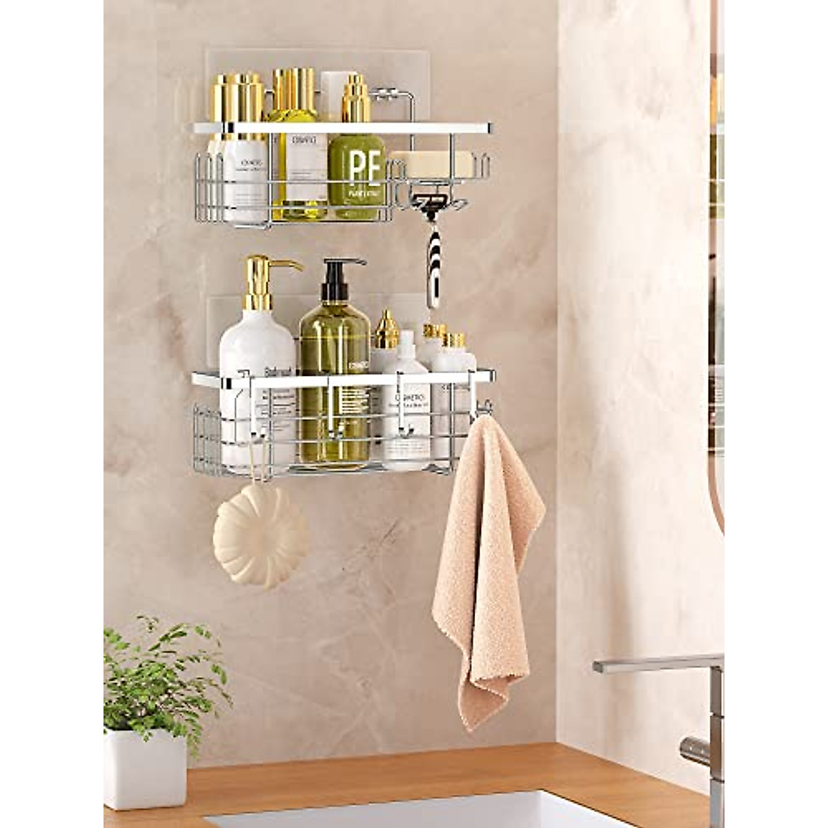 PARAKE Shower Caddy Organizer with Soap Holder, 2-Pack SUS304 Stainless Steel Shower Shelves, Self Adhesive Rustproof Shower Caddy with Hooks, for Bathroom Shampoo Soap Storage Kitchen Rack, Silver