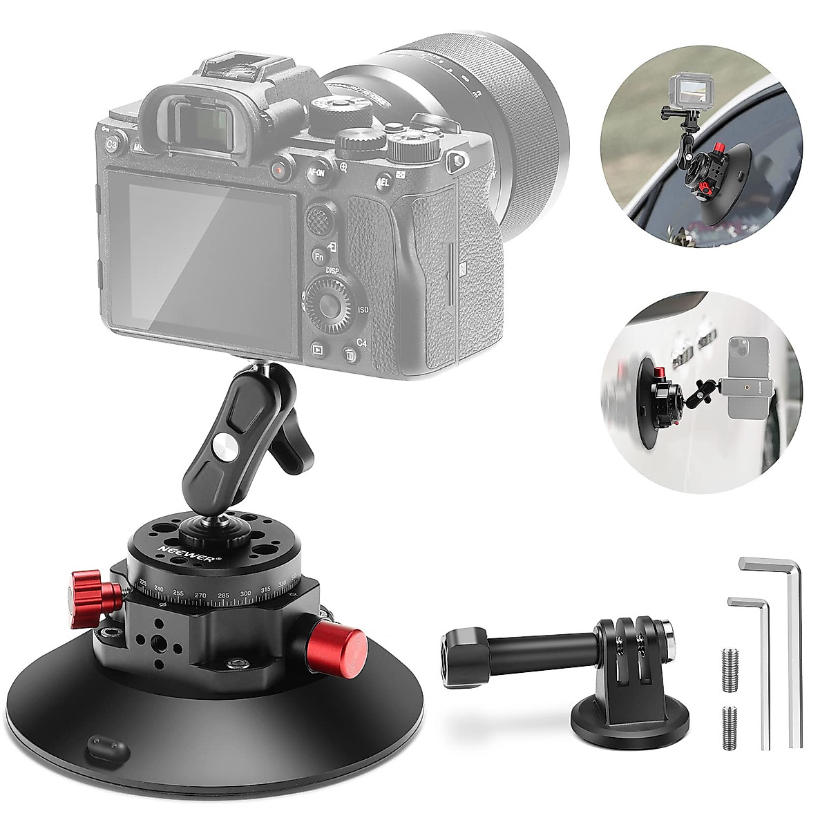 Neewer 6" Camera Suction Mount with Ball Head Magic Arm, 1/4" 3/8" ARRI Mounting Holes, Metal Car Mount for GoPro Action Camera/Camera/Phone, Air Pump Vacuum Suction Cup on Car or Window Glass, CA013