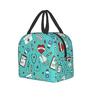 Hmklpi Nurse Medical Theme Insulated Kids Lunch Bag,Nurses Day Gifts Reusable Cooler Lunch Tote for Men & Women Girls Camping/Hiking/Picnic/Beach/Travel