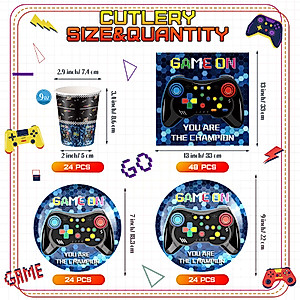 122 Pcs Video Game Party Supplies Tableware Set for 24 Guests Video Game Paper Plates Cups Napkins Plastic Tablecloth Party Tableware Serves for Gaming Birthday Party Decorations