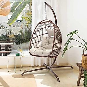 NICESOUL® Egg Chair Indoor Outdoor Patio Wicker Hanging Chair Swing Hammock Egg Shell Chairs UV Resistant Cushions 350lbs Capacity for Patio Backyard Balcony Brown with Cover