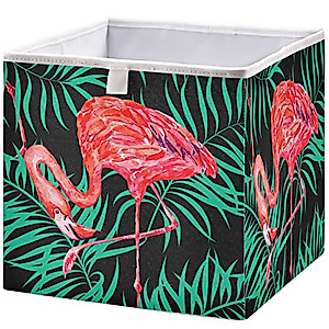 visesunny Closet Baskets Pink Flamingo Green Tropical Leaf Storage Bins Fabric Baskets for Organizing Shelves Foldable Storage Cube Bins for Clothes, Toys, Baby Toiletry, Office Supply