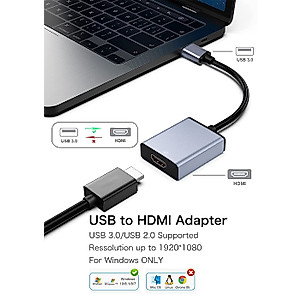 USB to HDMI Adapter, NOBNEQ USB 3.0/2.0 to HDMI for Multiple Monitors 1080P Compatible with Windows XP/7/8/10/11 (Grey)