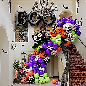 CboDeco 137pcs Halloween Balloon Garland Arch Kit with Black Orange Purple Green Pumpkin Confetti Balloons Skull Bat Foil Balloons for Halloween Theme Party Background Classroom Decorations