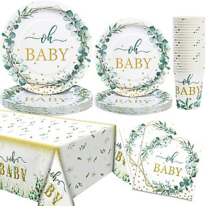 Gudvilla Sage Green Baby Shower Plates and Cups and Napkins Sets, with Sage Green Tablecloth, Baby Shower Decorations Neutral, Oh Baby Plates for Boho Baby Shower Decorations Sage Green, Serves 25