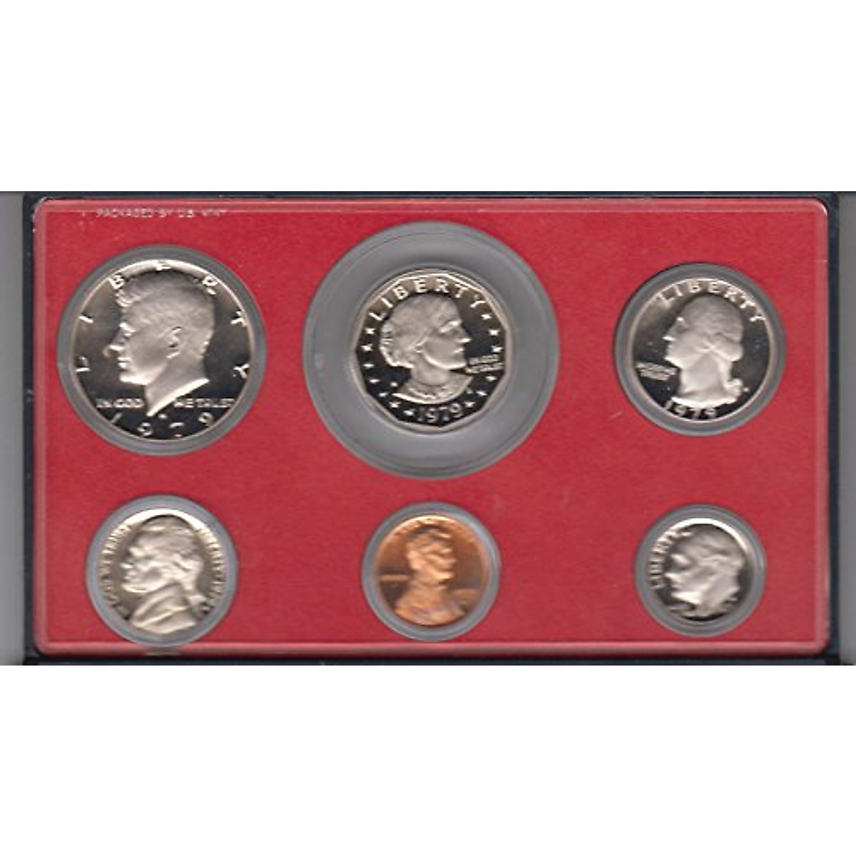 1979 Birth Year Coin Set (6) Coins- Dollar, Half Dollar, Quarter, Dime, Nickel, And Cent- All Dated 1979 and Encased in A US Mint Plastic Display Case Choice Proof Uncirculated