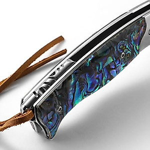DRACHENADER Damascus Steel Folding Knife Fully CNC Machined- Heavy Duty Damascus Pocket Knife with Clip & Leather Sheath, Abalone Handle, Japanese Style, Blue - For Men