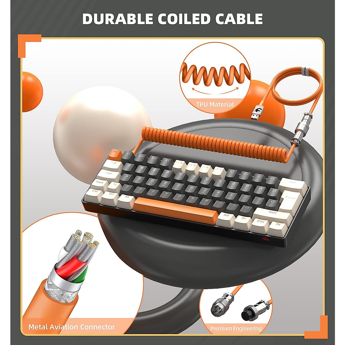 LexonElec T60PRO 60% Mechanical Keyboard and Mouse Combo+Coiled USB C Cable, Compact RGB LED Backlit Keyboard, Clicky Blue Switch, 6400 DPI Programmable RGB Mouse for PC Mac Gamer(Gray&Orange)