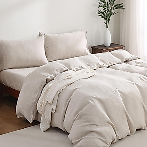 100% Pure Linen Duvet Cover Set - Soft, Breathable & Durable with Button Closure and Corner Ties, Natural Washed French Flax (3P-Natural Linen, 1Duvet Cover + 2Pillowcases - King/Cal King)