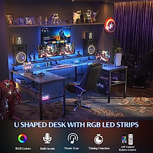 Hyomdeck Customizable U Shaped Desk & L Shaped Office Desks with RGB LED Light, Adjustable Monitor Stand and Power Outlets, Reversible Computer Desk with Storage, Large L Shape Gaming Table, Black Oak