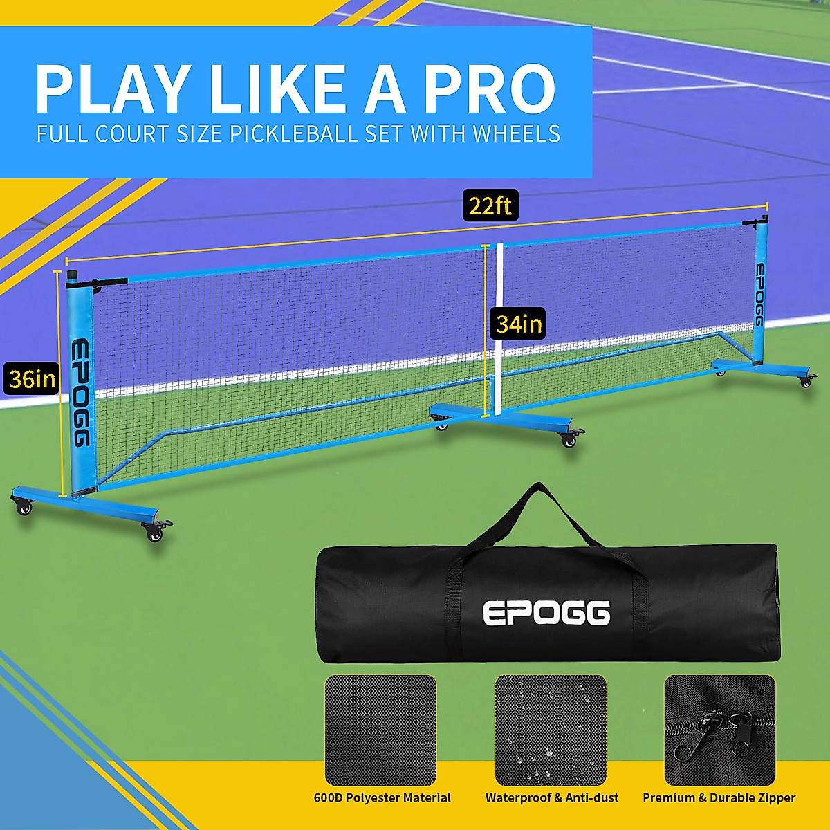 Hamino Pickleball Set with Net Wheels, 22 FT Regulation Size Pickleball Net Set with Steady Metal Frame Base/Sturdy PE Net/600D Carrying Bag, Portable Outdoor Driveway Home Backyard Fun for All Ages