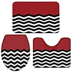 3 Piece Set Bathroom Rugs for, Red Black and White Chevron Bath Mat Non-Slip Memory Foam U-Shape Contour Rug Toilet Lid Cover, Washable Absorbent Bath Rugs for Tub Shower 18"x30"+14"x 18"+15"x 18"