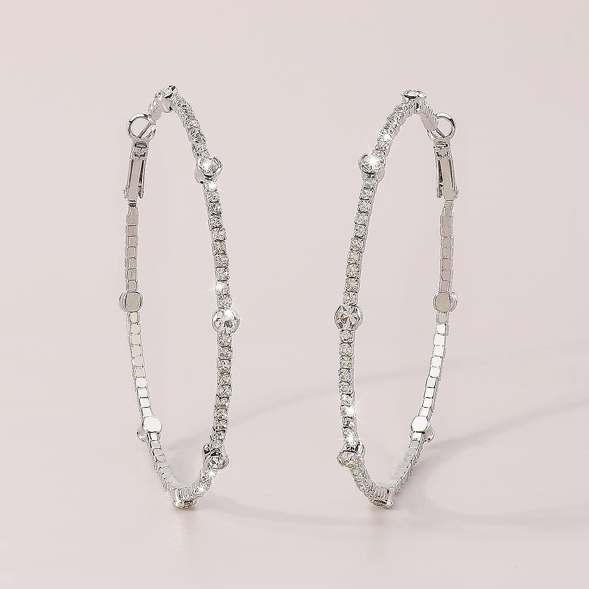Jumwrit Big Rhinestone Hoop Earrings Large Round Circle Earrings Chain Dangle Earrings Sparkle Stud Earrings for Women Girls（Silver）