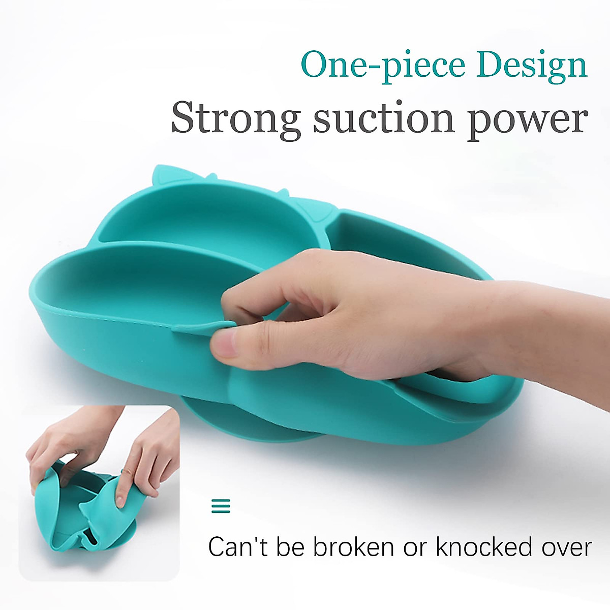 MOTEERLLU Silicone Divided Toddler Plates BPA Free Portable Non Slip Suction Plate with Spoon and Fork Set-Cow,Dishwasher and Microwave Safe. (Green)