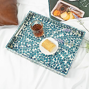 CLAYNIX Serving Tray 15.7" X11.8", Lacquer Mother of Pearl Inlay Mosaic Tray, Rectangle Wooden Marble Tray with Handles Trays for Tea, Breakfast in Bed, Table (Blue)