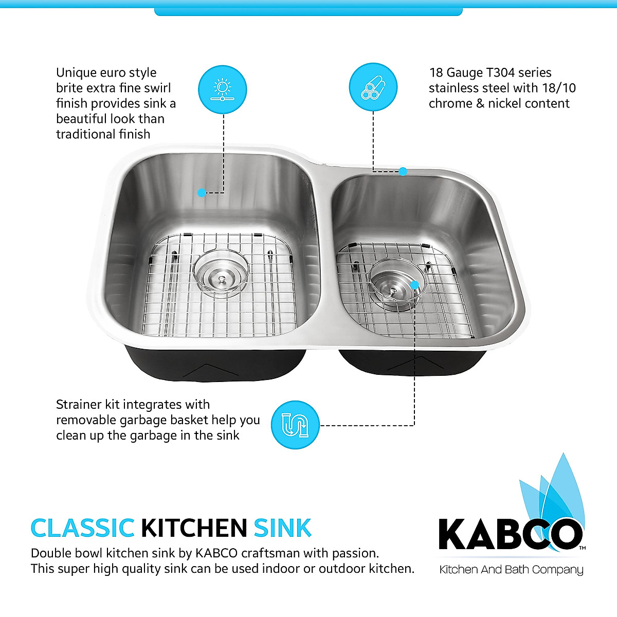 KABCO 32 Inch Big Double Unequal Bowl Stainless Steel Classic Kitchen Sink, Rust Resistant, Sound and Heat Proof 18 Gauge Undermount Sink with Sink Strainers, Sink Grids and rolling up grid