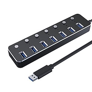 CUJUX Aluminum 7-Port USB 3.0 Hub 120cm Cable Sub-Control Switch 5Gbps LED Indicator HUB Chargeable Splitter for Multi USB Devices (Color : Black)
