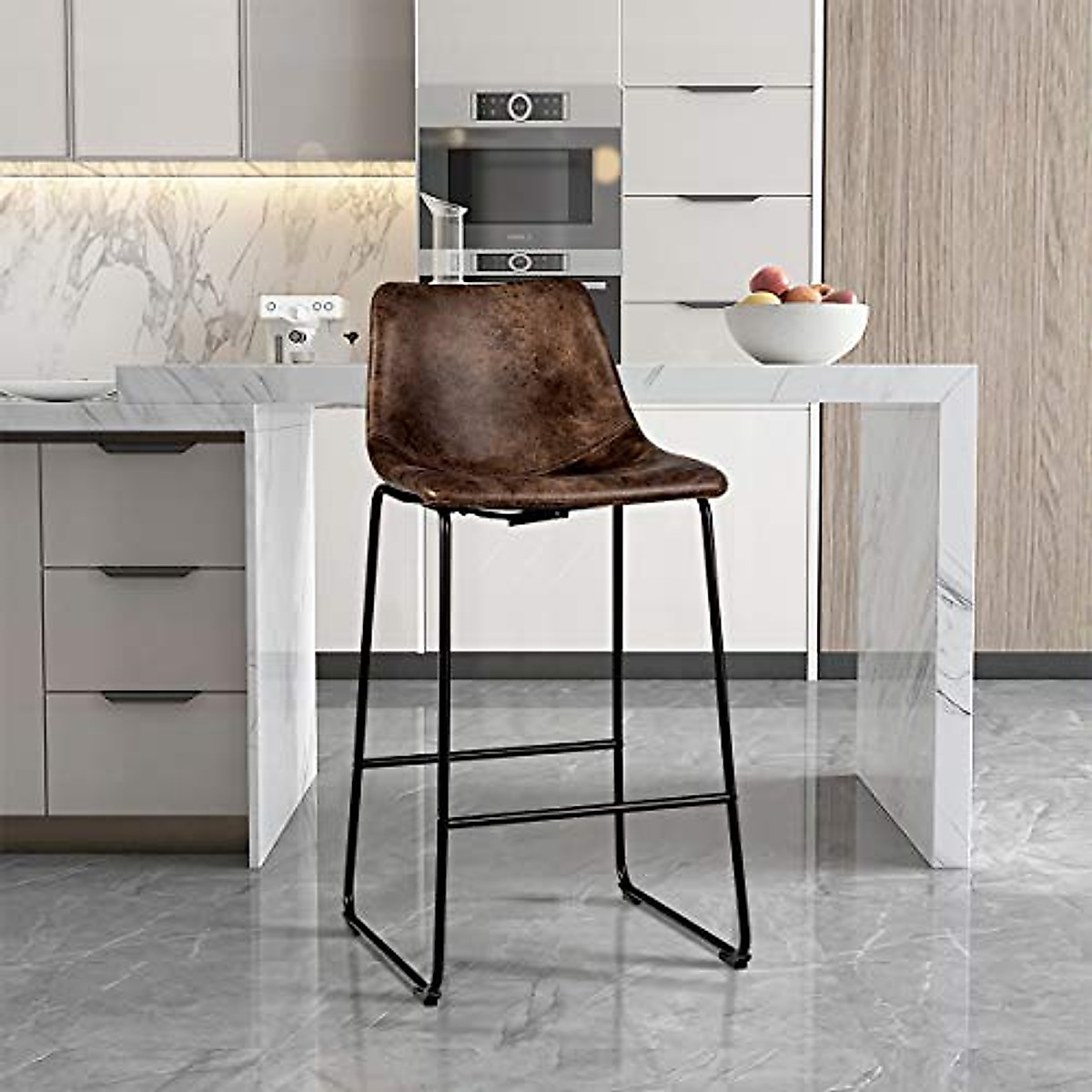 COSTWAY Set of 4 Bar Stool, Vintage Faux Suede Bar Stools, with Metal Legs, Back and Footrest, Upholstered Stool Chairs for Home Kitchen, Pub (Grey, 4)