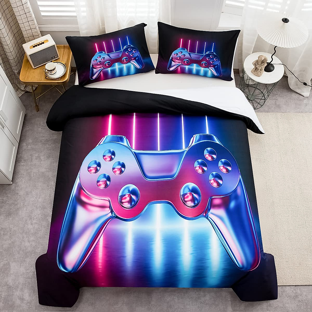 Boys Gamer Bedding Set Twin Size,Kids Girls Gaming Comforter Cover Gamer Decor Duvet Cover for Teens Youth Modern Gradient Gamepad Bedspread Cover with 1 Pillowcase,Soft Neon Games Bedding Collection